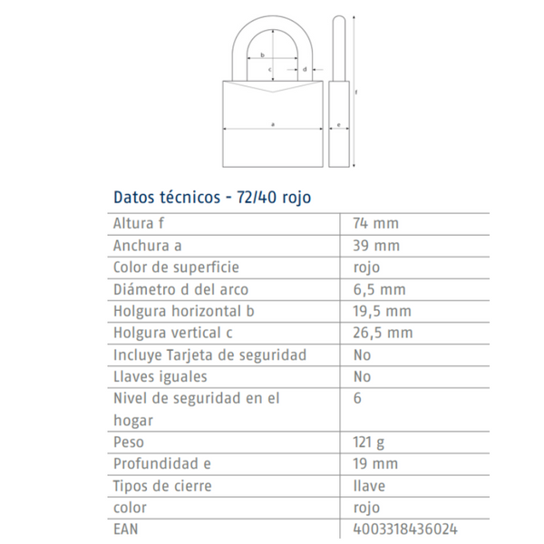 CANDADO MARCA ABUS CON CUERPO DE ALUMINIO 72/40 (KD/ LLAVE EXCLUSIVA ...